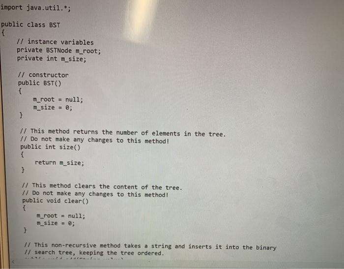 Solved Complete all methods for "BST". Do not touch | Chegg.com