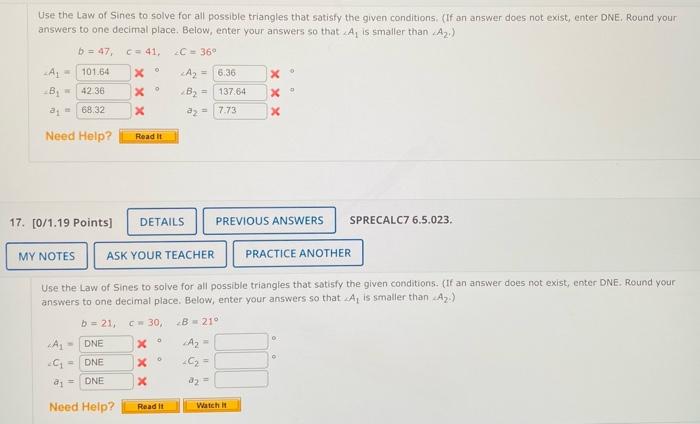 Solved Use the Law of Sines to solve for all possible | Chegg.com