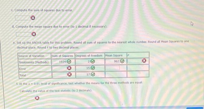Solved c. Compute the sum of squares due to error. d. | Chegg.com