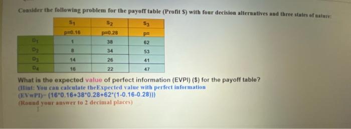 Solved Consider the following problem for the payoff table | Chegg.com