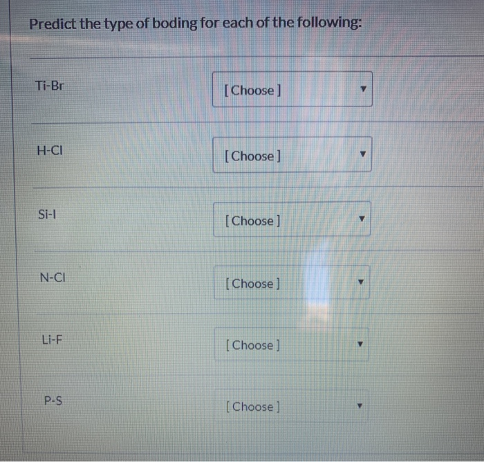 Solved Predict the type of boding for each of the following: | Chegg.com