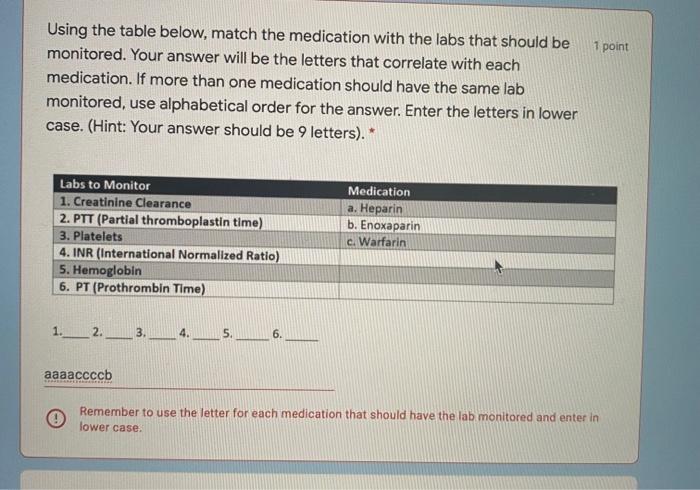 Solved 1 point Using the table below, match the medication | Chegg.com