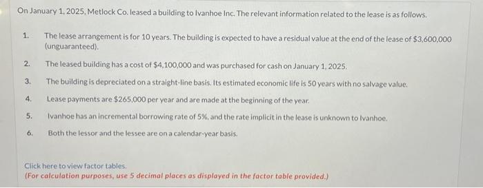 Solved On January 1, 2025. Metlock Co. leased a building to | Chegg.com
