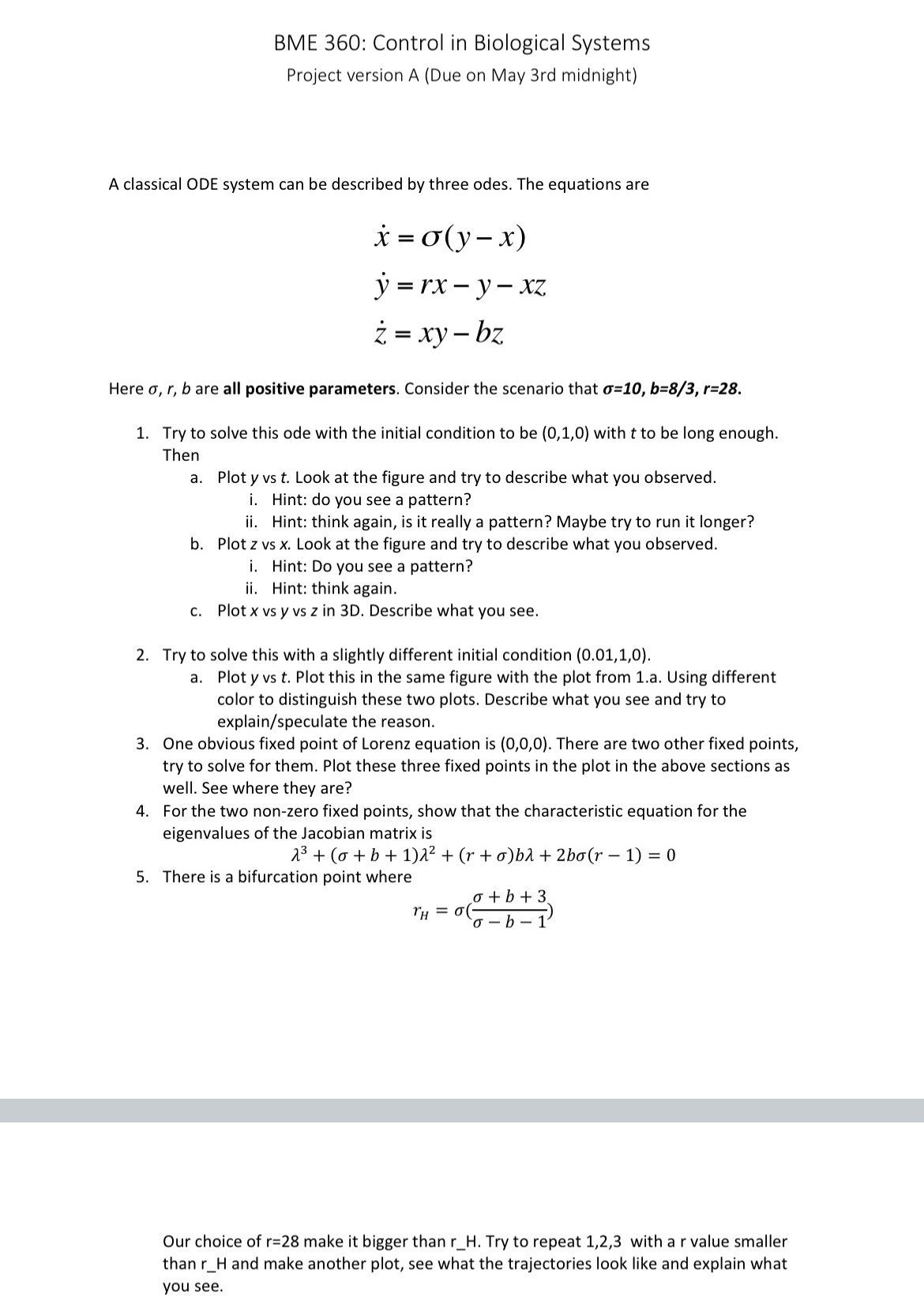 Solved BME 360: Control in Biological SystemsProject version | Chegg.com