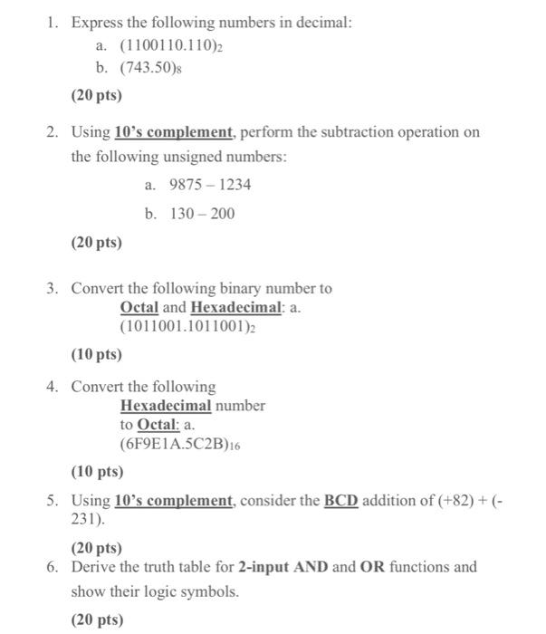 Solved 1. Express the following numbers in decimal: a. | Chegg.com