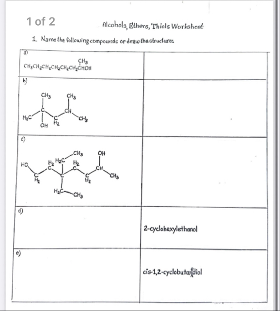Solved 1 ﻿of 2Alcohols, Ethere, Thiols WorksheetName the | Chegg.com