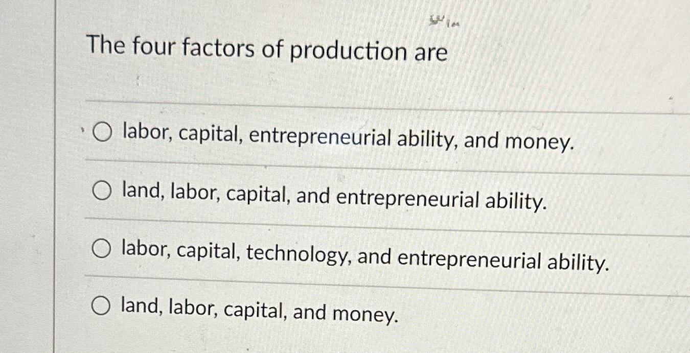 Solved The four factors of production arelabor, capital, | Chegg.com