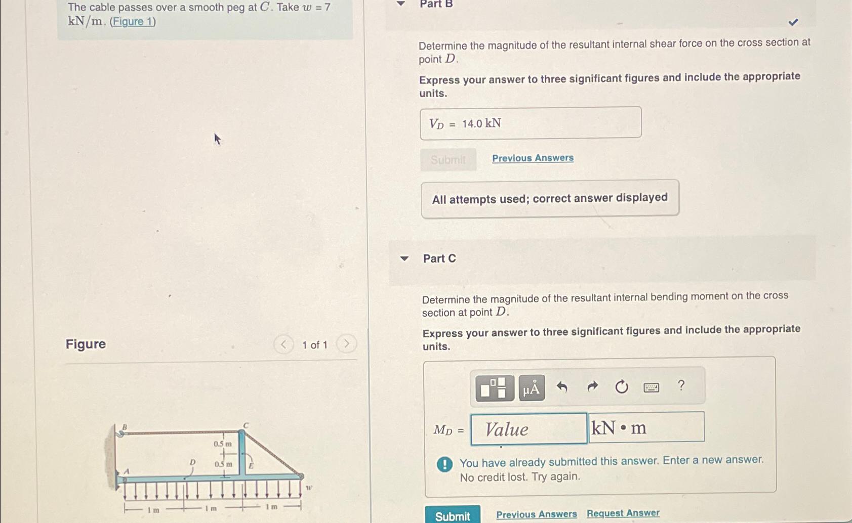 Solved The cable passes over a smooth peg at C. ﻿Take | Chegg.com
