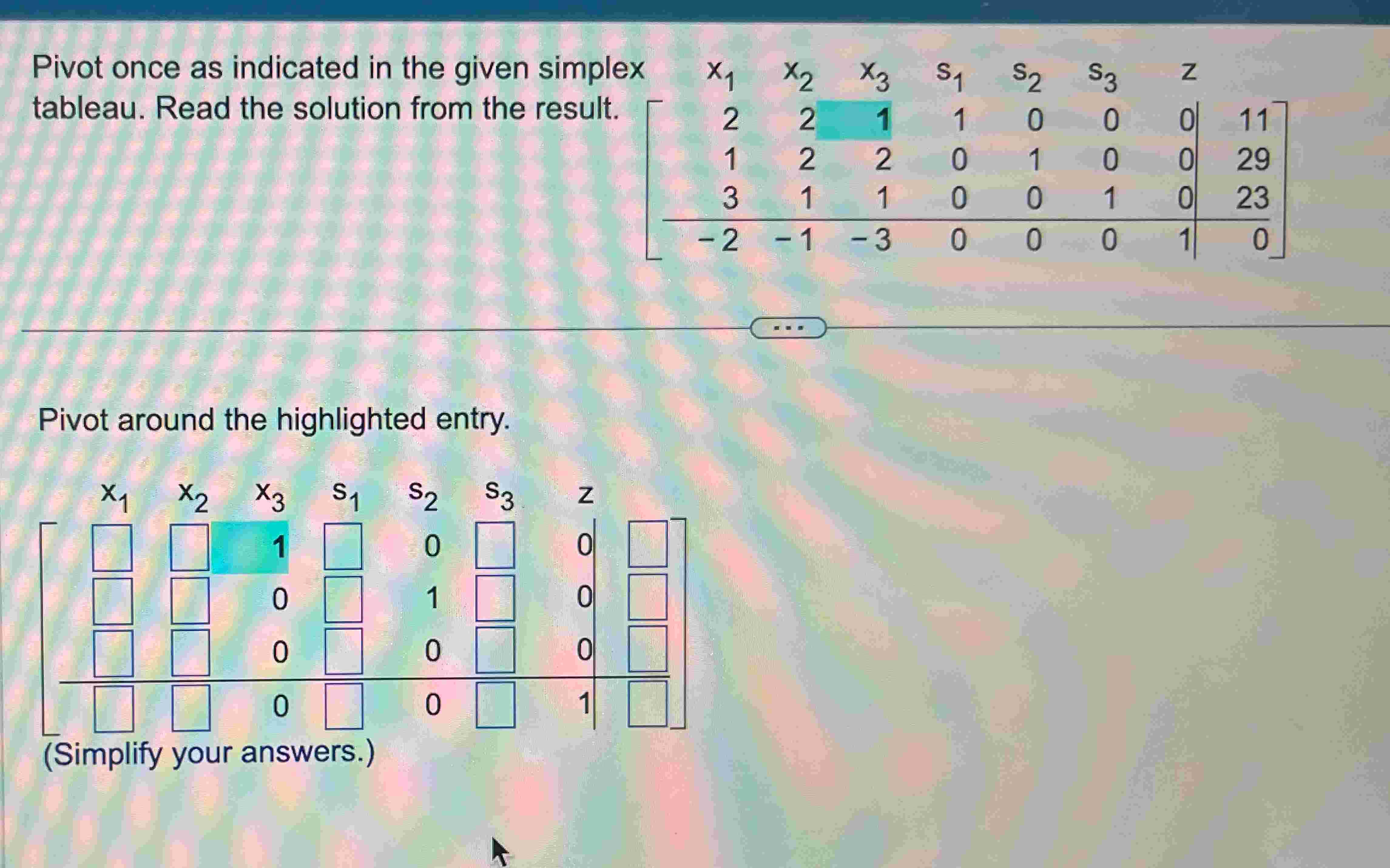 Solved Pivot once as indicated in the given simplex | Chegg.com