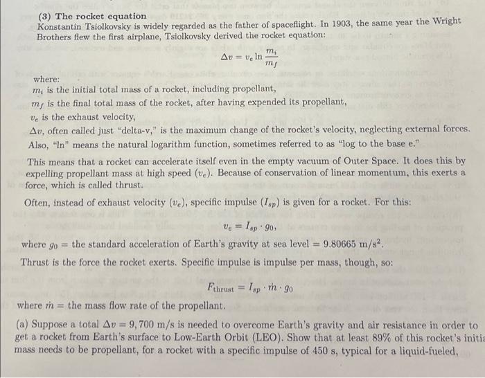 Solved (3) The rocket equation PISAS Konstantin Tsiolkovsky | Chegg.com