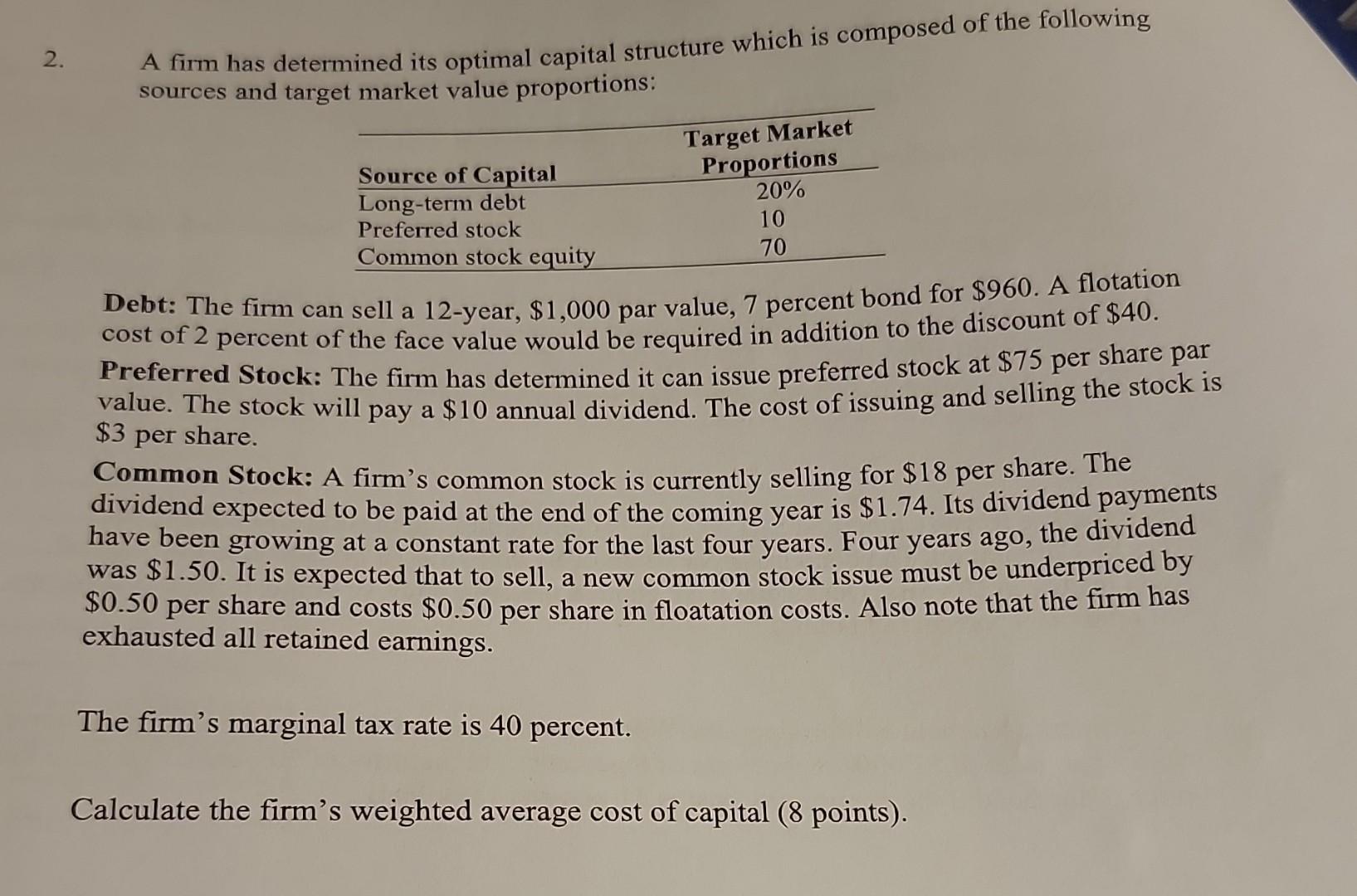 Solved A firm has determined its optimal capital structure | Chegg.com