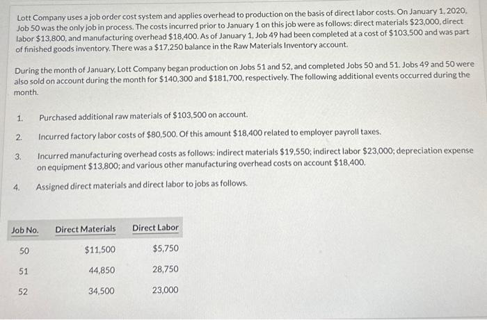 Solved Lott Company uses a job order cost system and applies | Chegg.com
