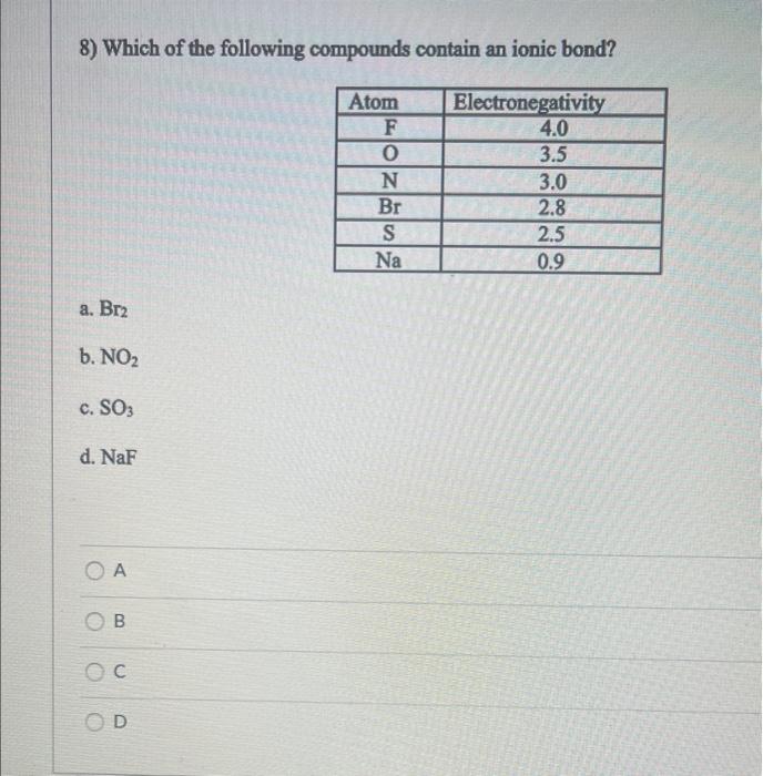 Solved 8) Which of the following compounds contain an ionic | Chegg.com