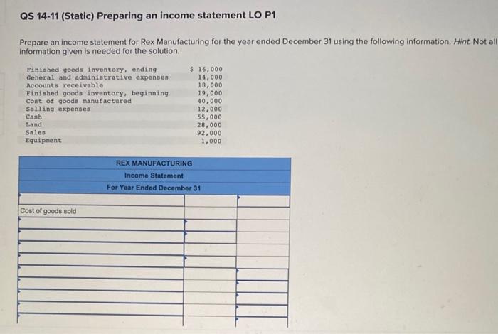 Solved QS 14-11 (Static) Preparing an income statement LO P1 | Chegg.com
