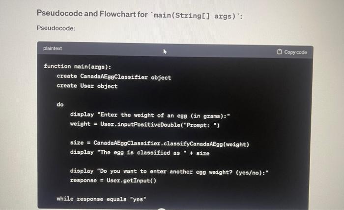 Solved Pseudocode and Flowchart for 'classifyCanadaAEgg ( ) | Chegg.com
