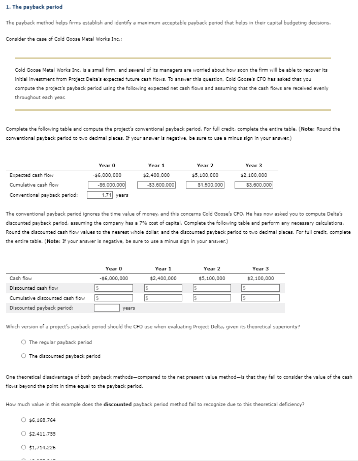 Solved The payback periodThe payback method helps firms | Chegg.com