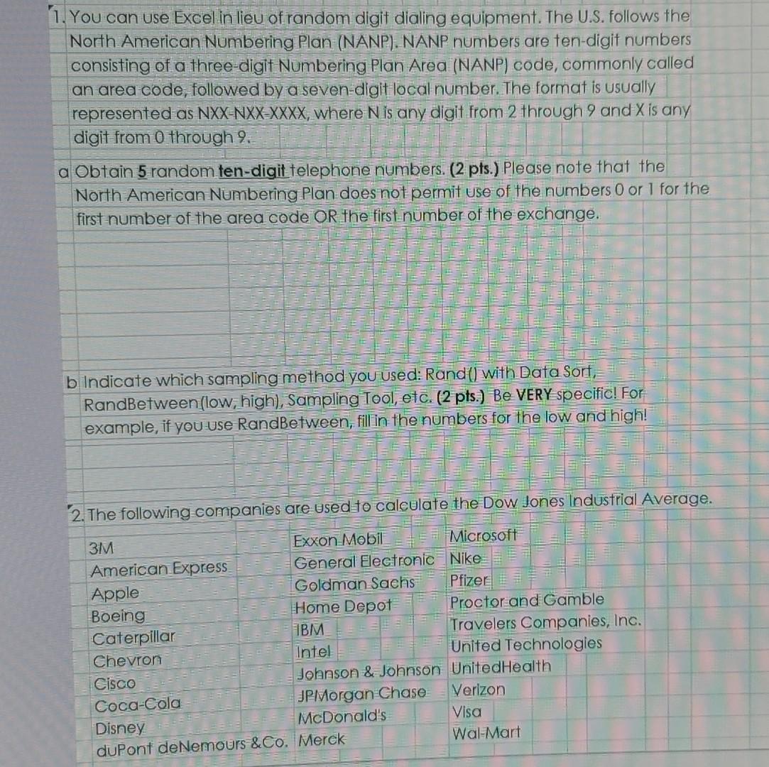 Solved 1. You can use Excel in lieu of random digit dialing | Chegg.com