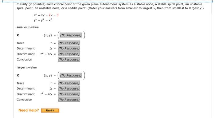 Solved Classify (if possible) each critical point of the | Chegg.com