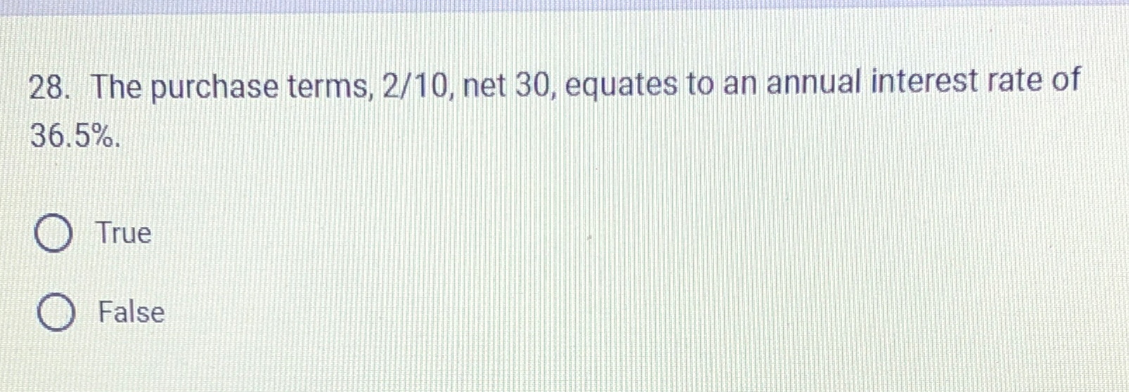 Solved The purchase terms, 210, ﻿net 30 , ﻿equates to an | Chegg.com