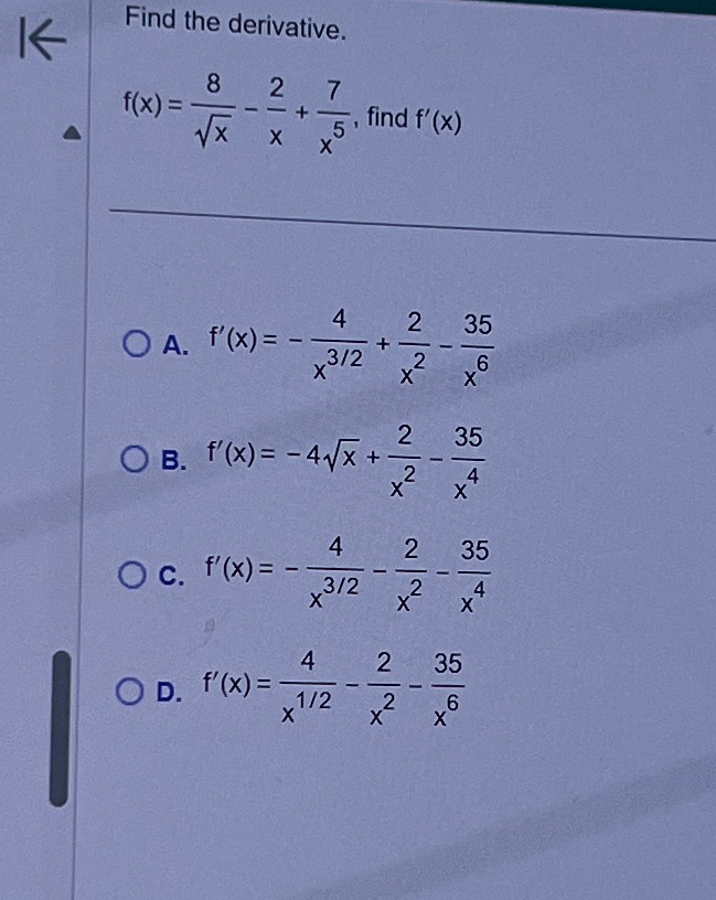 Solved Find The Derivative F X 8x2 2x 7x5 ﻿find