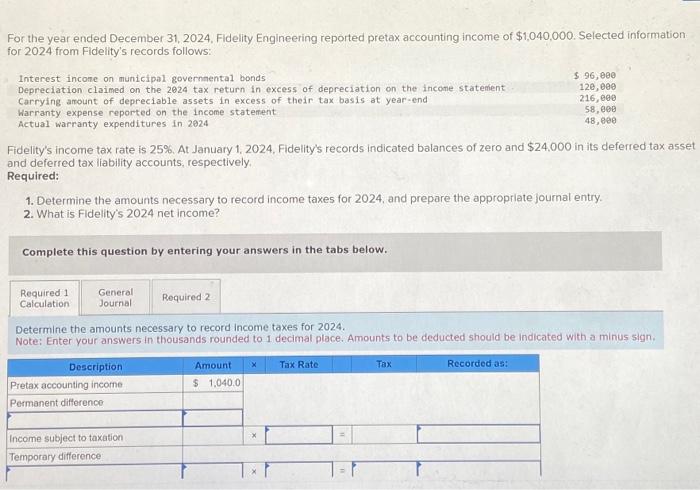 Solved For the year ended December 31, 2024. Fidelity | Chegg.com