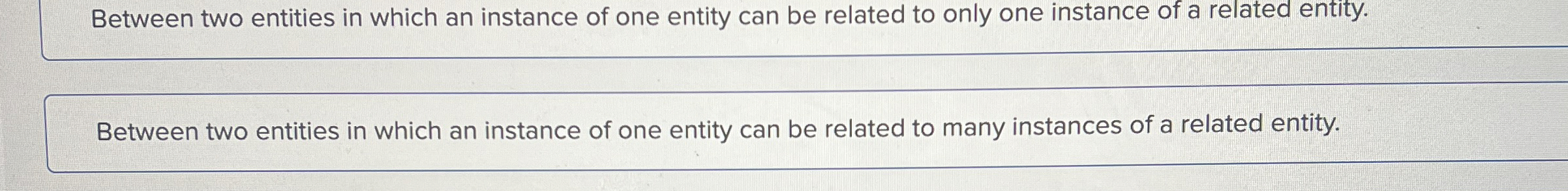 Solved Between two entities in which an instance of one | Chegg.com