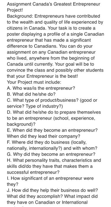 Solved Assignment Canada's Greatest Entrepreneur Project! | Chegg.com
