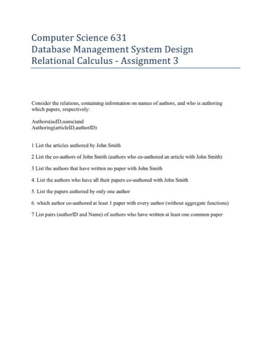 Computer Science 631 Database Management System | Chegg.com