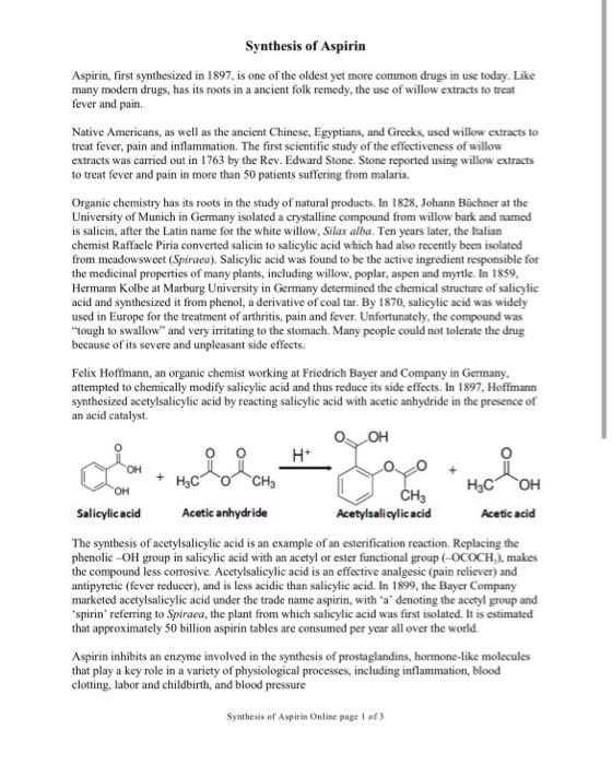 Solved Synthesis of Aspirin Aspirin, first synthesized in | Chegg.com