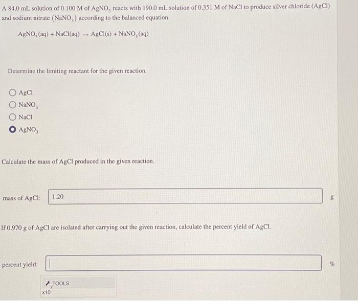 Solved A 84.0 mL solution of 0.100M of AgNO3 reacts with | Chegg.com