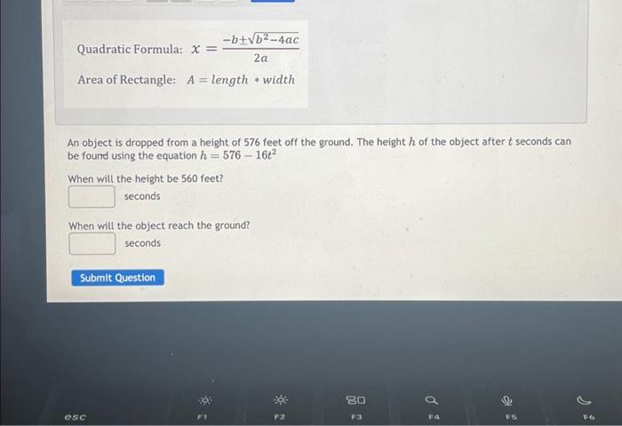 Solved -b+√b²-4ac Quadratic Formula: x = 2a Area of | Chegg.com