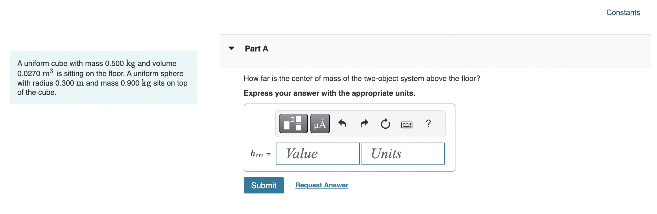 Solved A uniform cube with mass 0.500kg ﻿and volume0.0270m3 | Chegg.com