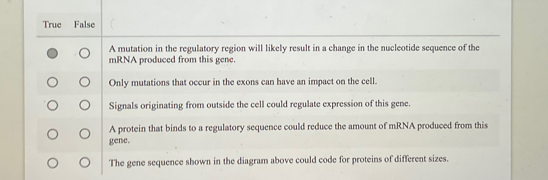 Solved True False ﻿A mutation in the regulatory region | Chegg.com