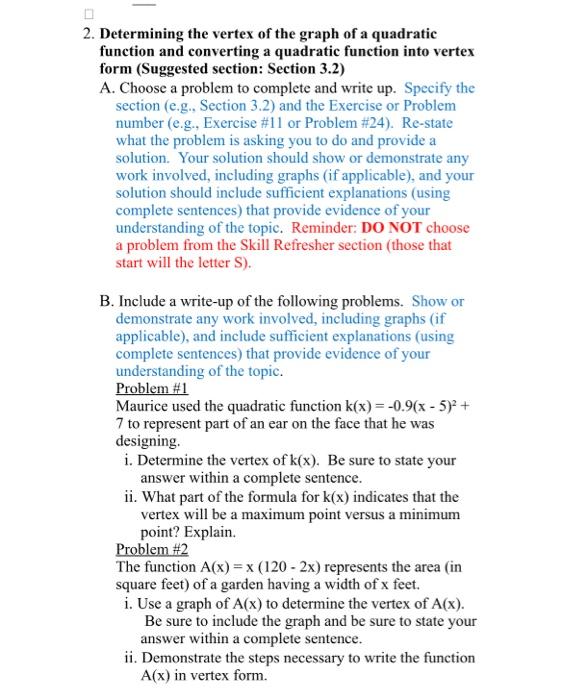 Solved 2. Determining the vertex of the graph of a quadratic | Chegg.com
