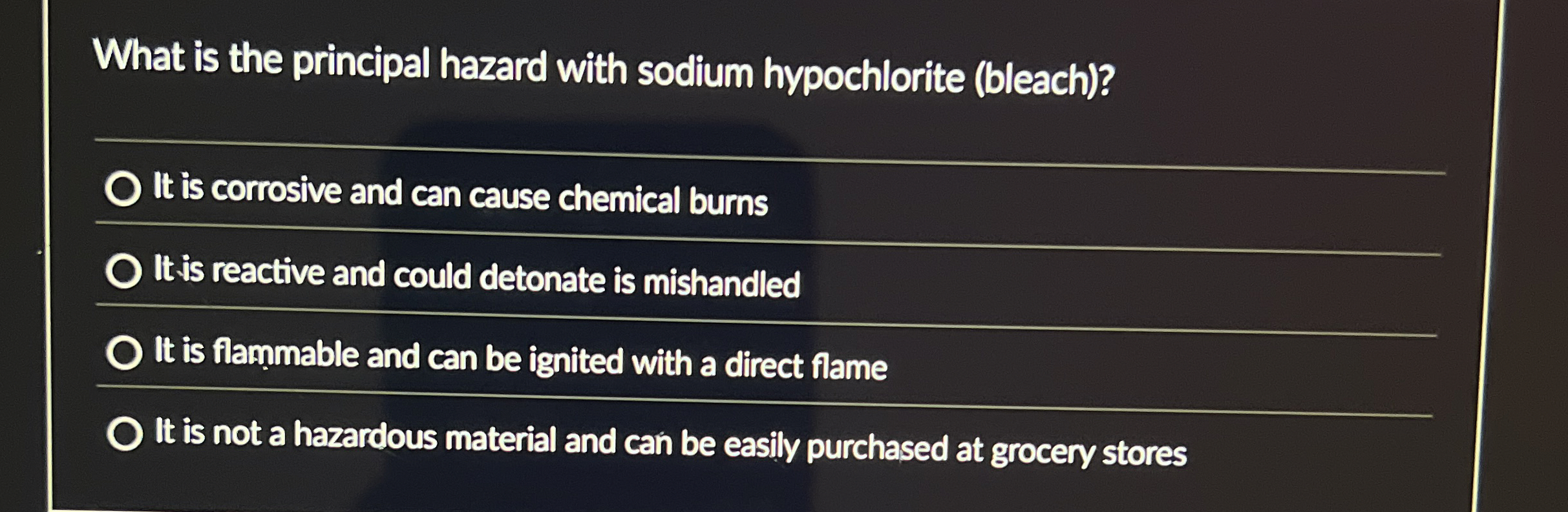 Solved What is the principal hazard with sodium hypochlorite | Chegg.com