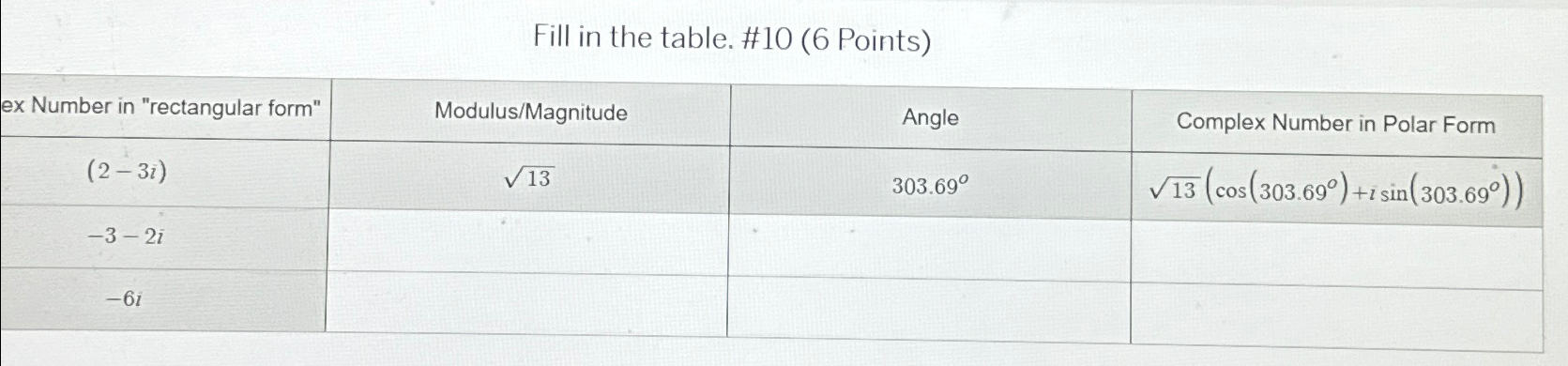 Solved Fill in the table. #10 (6 ﻿Points)\table[[ex Number | Chegg.com
