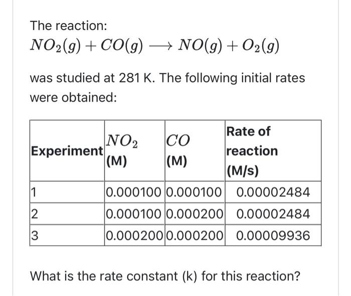 Solved The reaction: NO2(g)+CO(g) NO(g)+O2(g) was studied at | Chegg.com