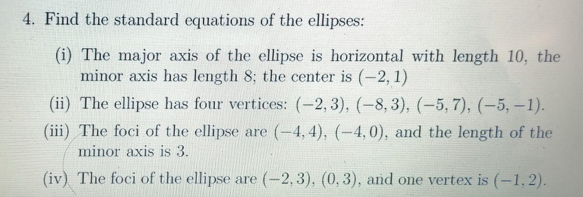 Solved 4. Find the standard equations of the ellipses: (i) | Chegg.com