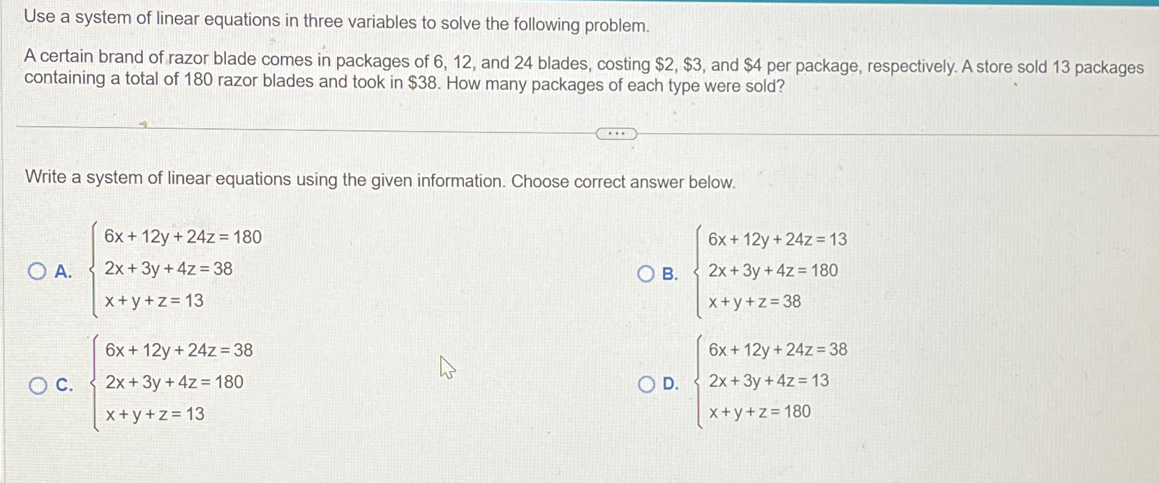Solved Use a system of linear equations in three variables | Chegg.com