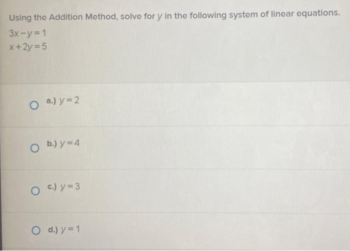 Solved Using the Addition Method, solve for y in the | Chegg.com
