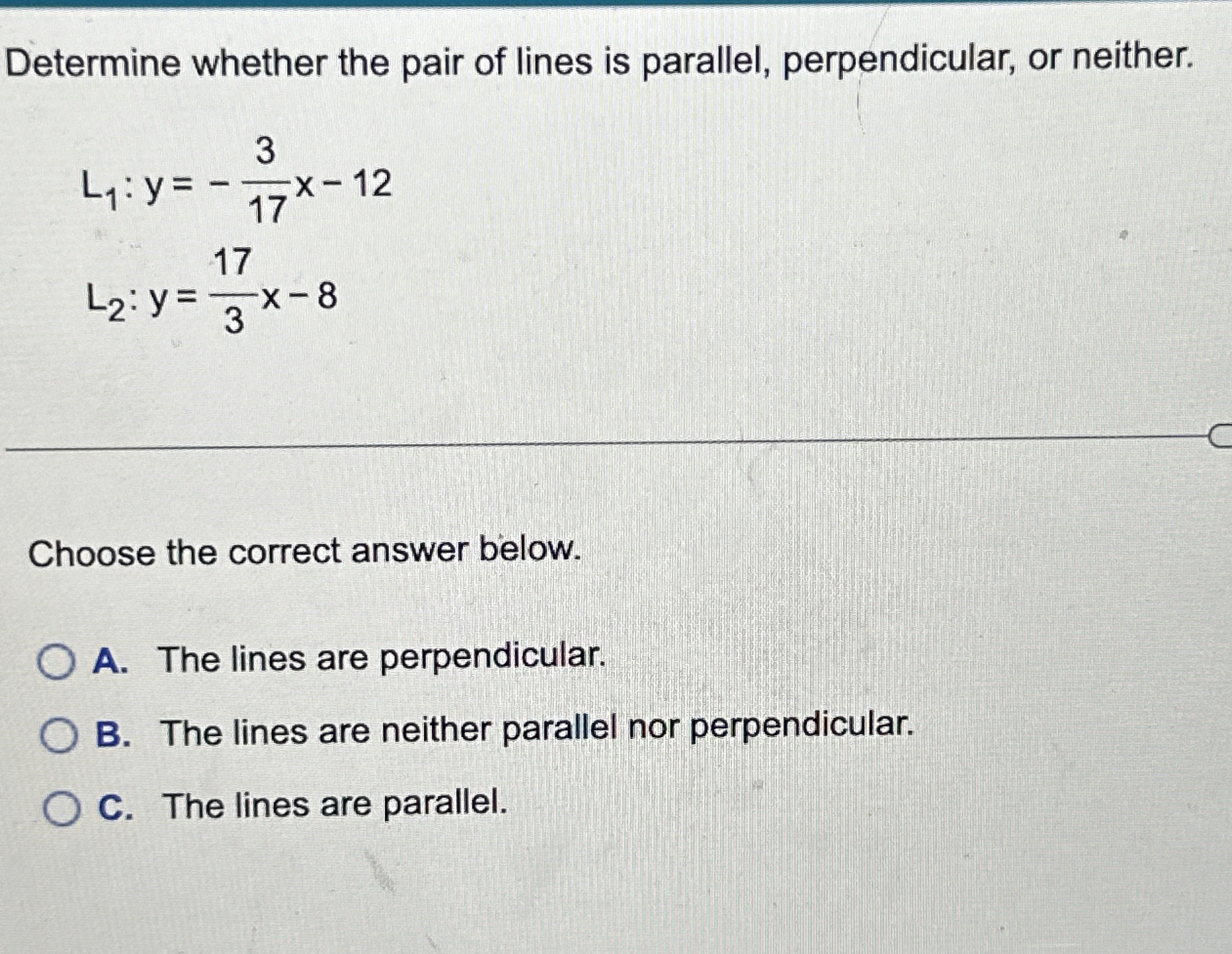 Solved Determine whether the pair of lines is parallel, | Chegg.com
