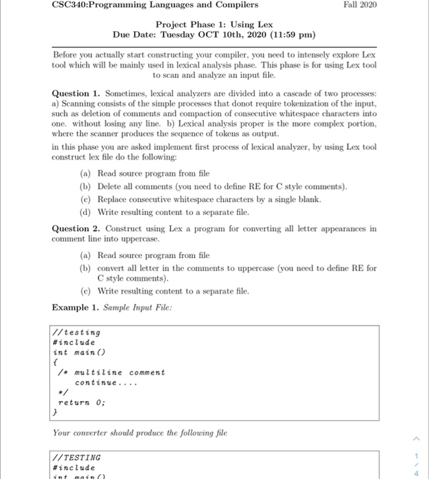 Csc340programming Languages And Compilers Fall 2020 