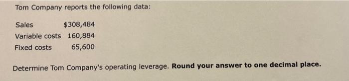 Solved Tom Company reports the following data: Determine Tom | Chegg.com