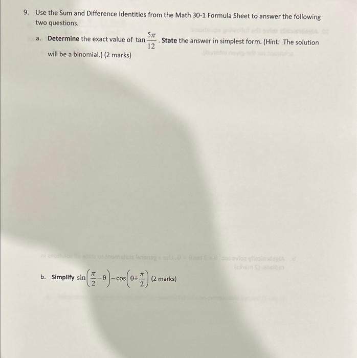 Solved 9. Use the Sum and Difference Identities from the | Chegg.com
