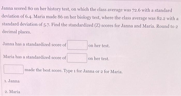 Solved Janna scored 80 on her history test, on which the | Chegg.com