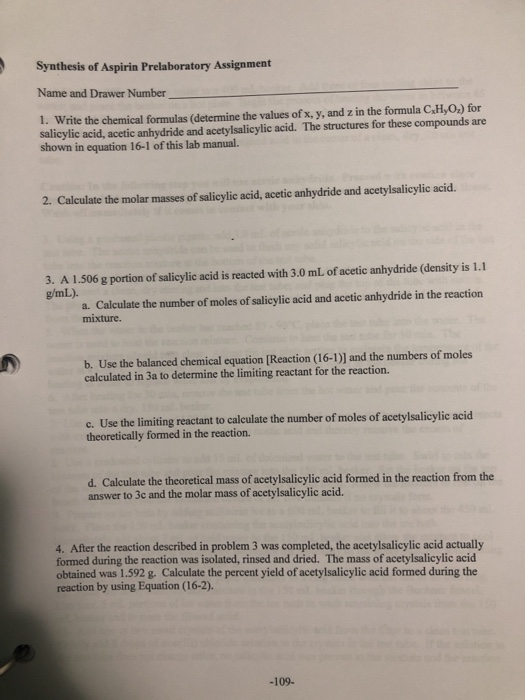 Solved Synthesis of Aspirin Prelaboratory Assignment Name | Chegg.com