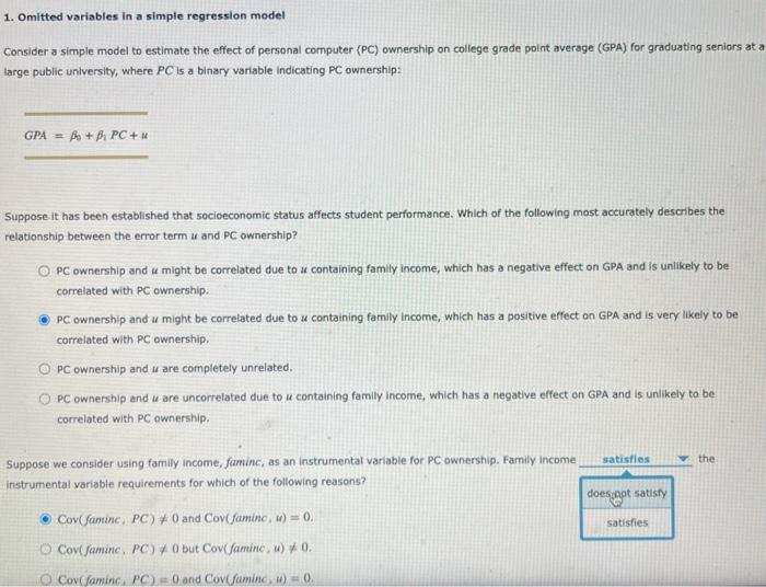 Solved 1. Omitted variables in a simple regression model | Chegg.com