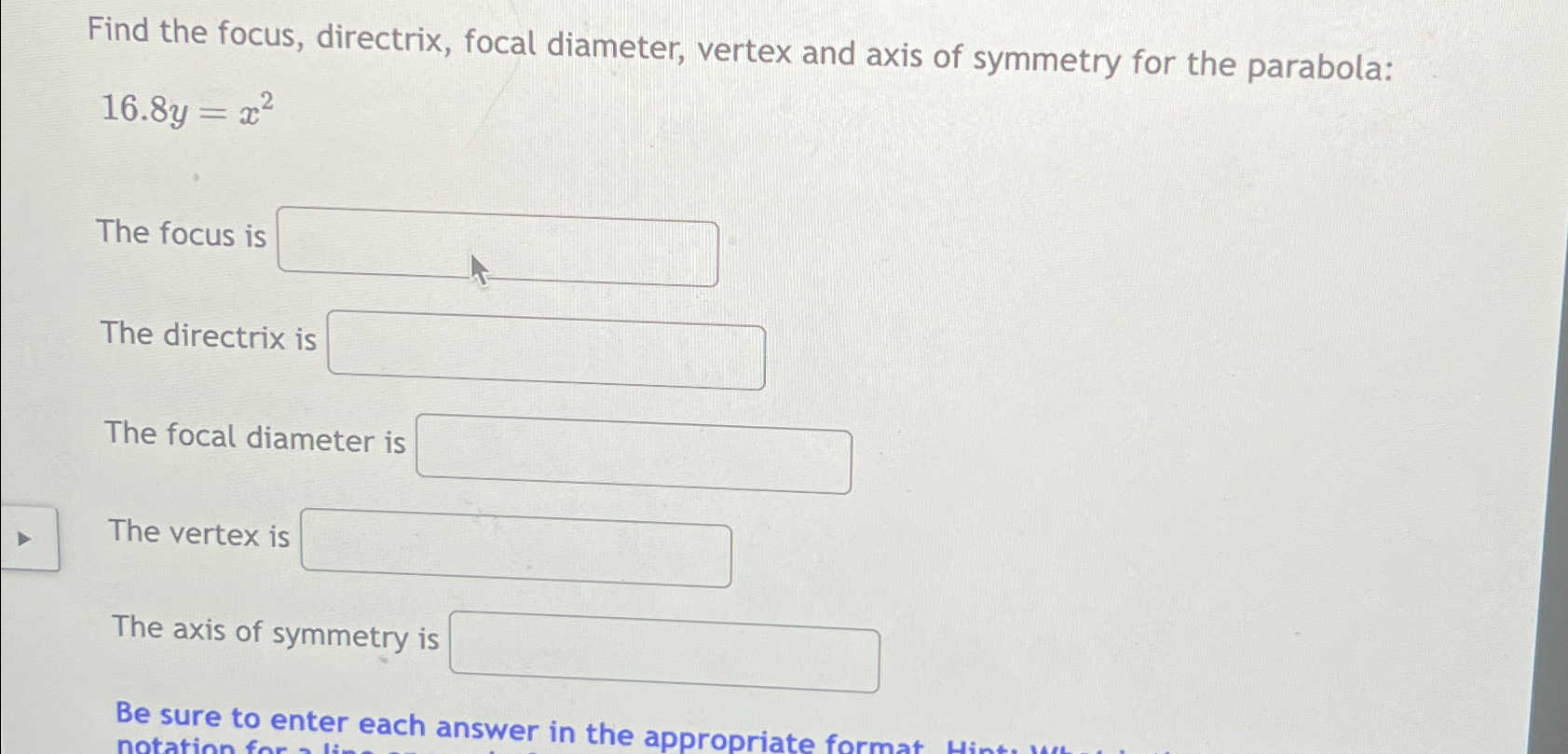 Solved Find the focus, directrix, focal diameter, vertex and | Chegg.com
