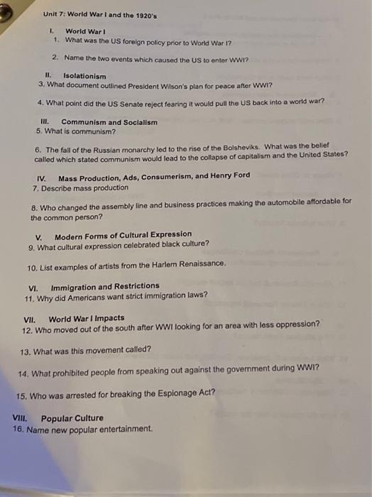 Unit 7: World War I and the 1920's I. World War I 1. | Chegg.com