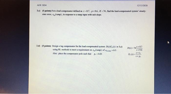 100 Problem 2: Lead-Lag Compensator Design Using Root | Chegg.com